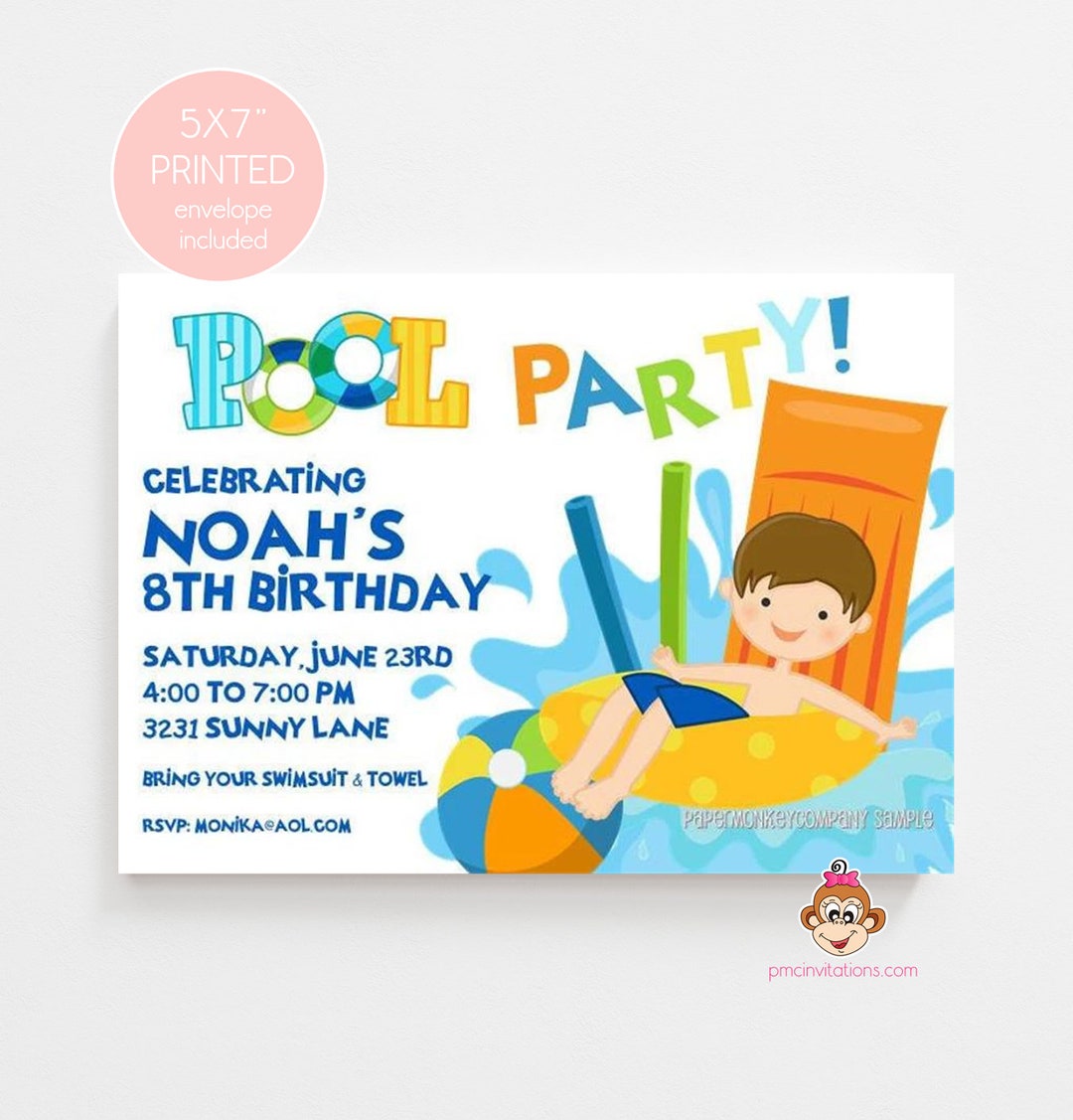 Custom PRINTED Boys Pool Party Invitations, Swimming Party, Pool Party ...