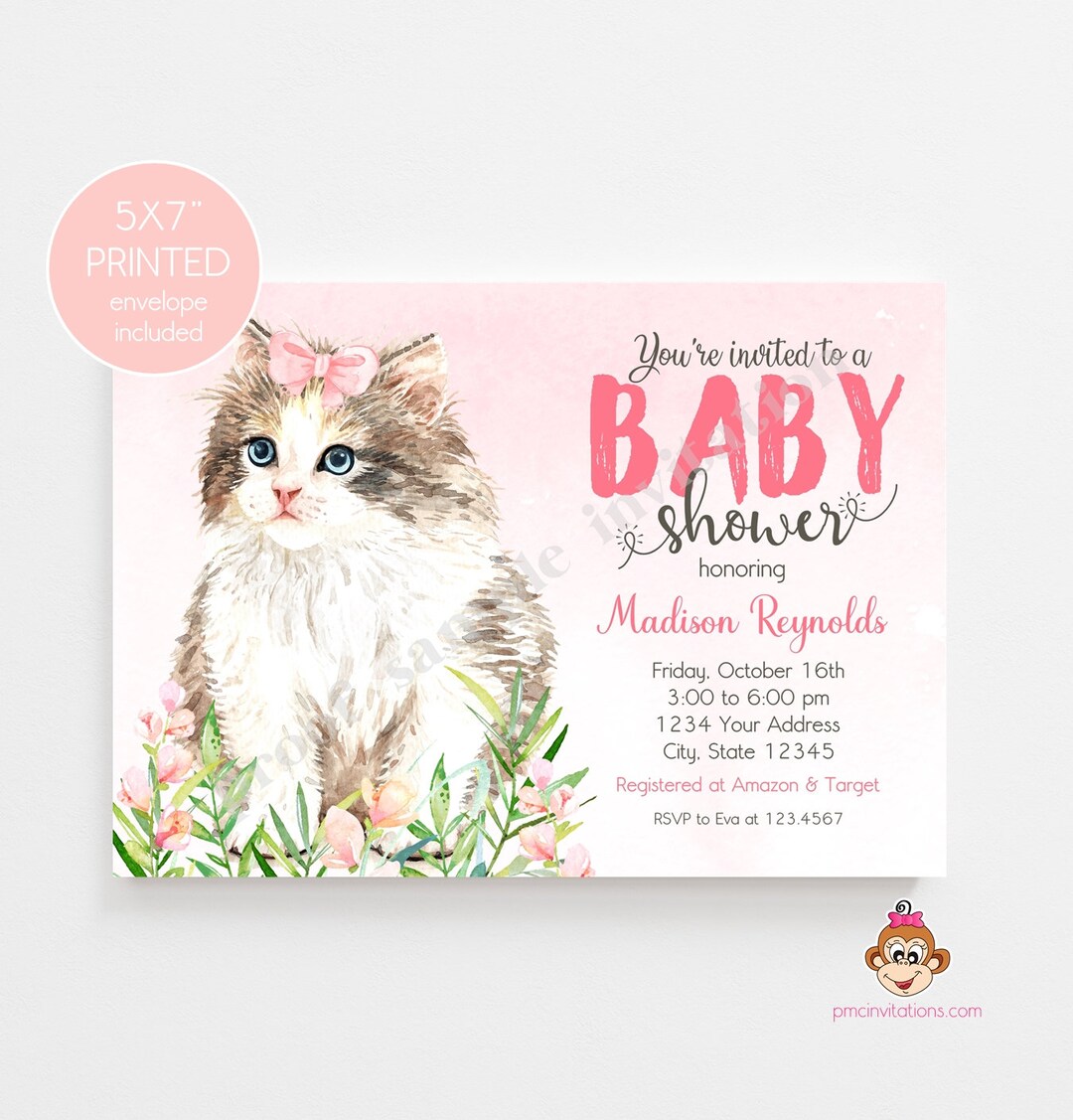 Custom PRINTED 5x7" Watercolor Kitten Baby Shower Invitation, Girl ...