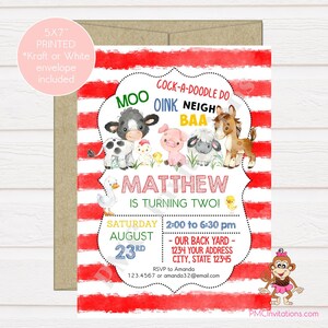 Custom PRINTED 5x7" Watercolor Barn Animals Birthday Invitation, Barn ...
