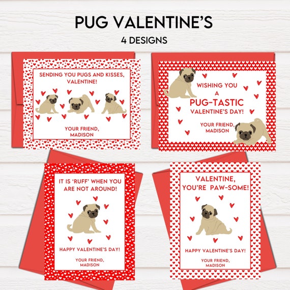PRINTED Pug Classroom Valentine's Day Cards - Envelopes Included ...