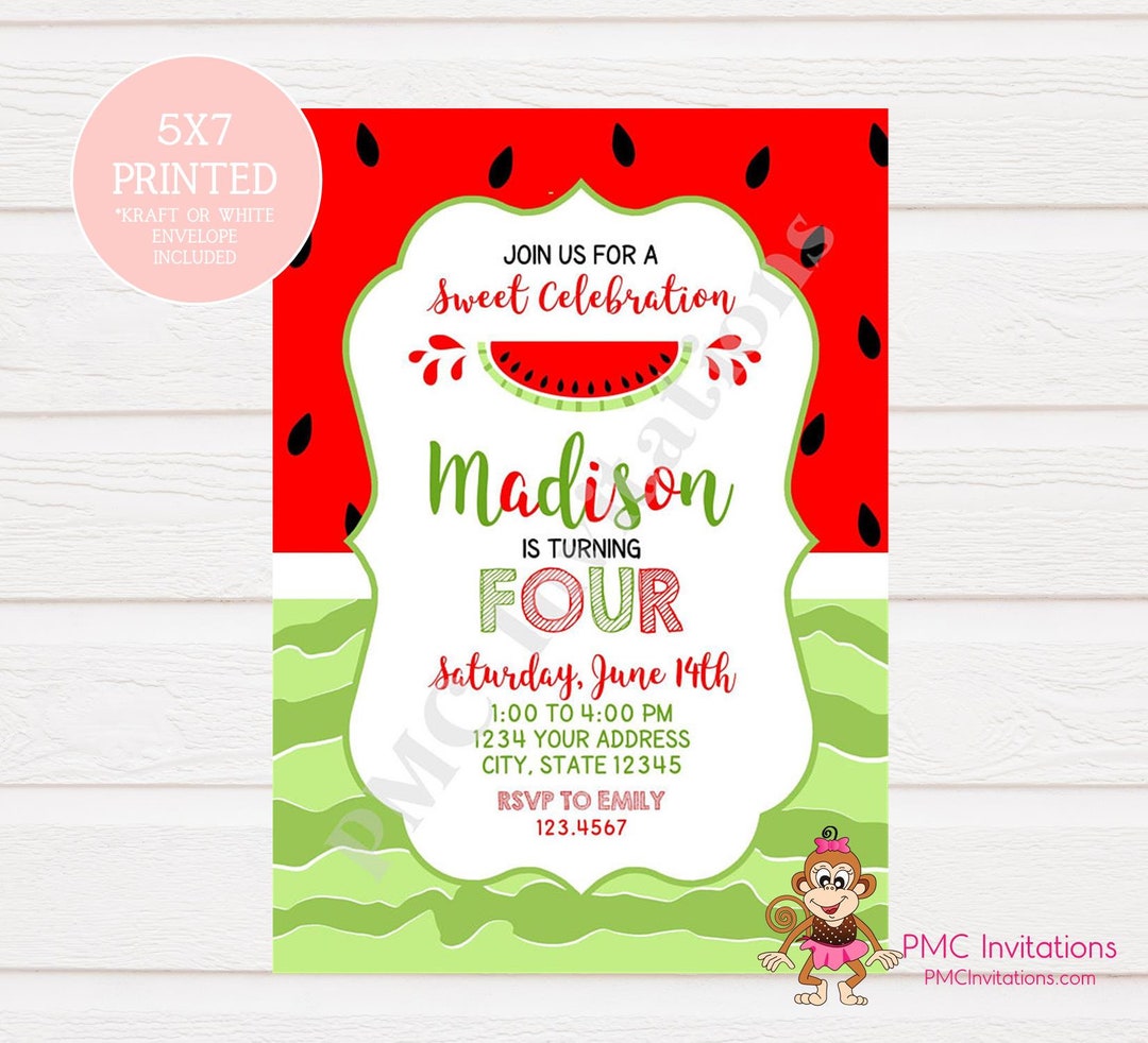 Custom Printed Sweet Watermelon Birthday Invitations - Red Watermelon ...