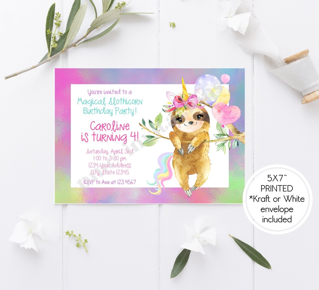 Custom PRINTED Slothicorn Birthday Invitation, Sloth Unicorn Slothicorn ...