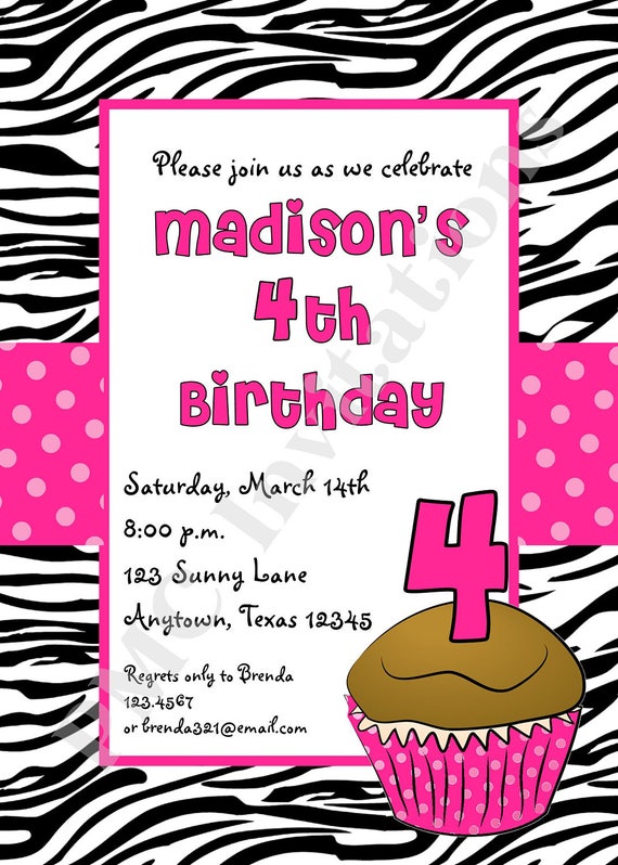 Custom Printed Pink Zebra Print Birthday Invitations any Age 1.00 Each With Envelope Etsy Ireland