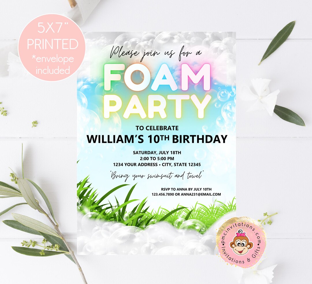 PRINTED 5x7" Foam Party Birthday Invitation, Foam Party Invitations ...