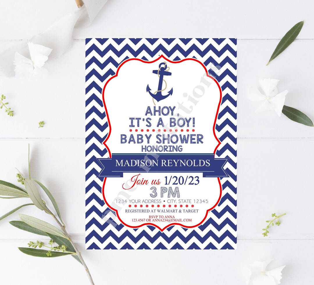 Custom Printed Navy Blue and Red Chevron Nautical Baby Shower ...