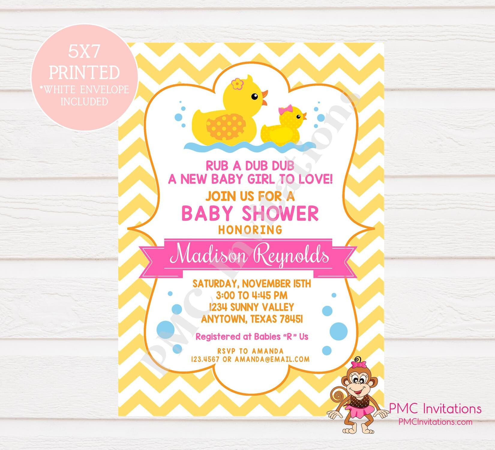 Custom Printed Yellow Rubber Duck Baby Shower Invitations - 1.00 Each ...