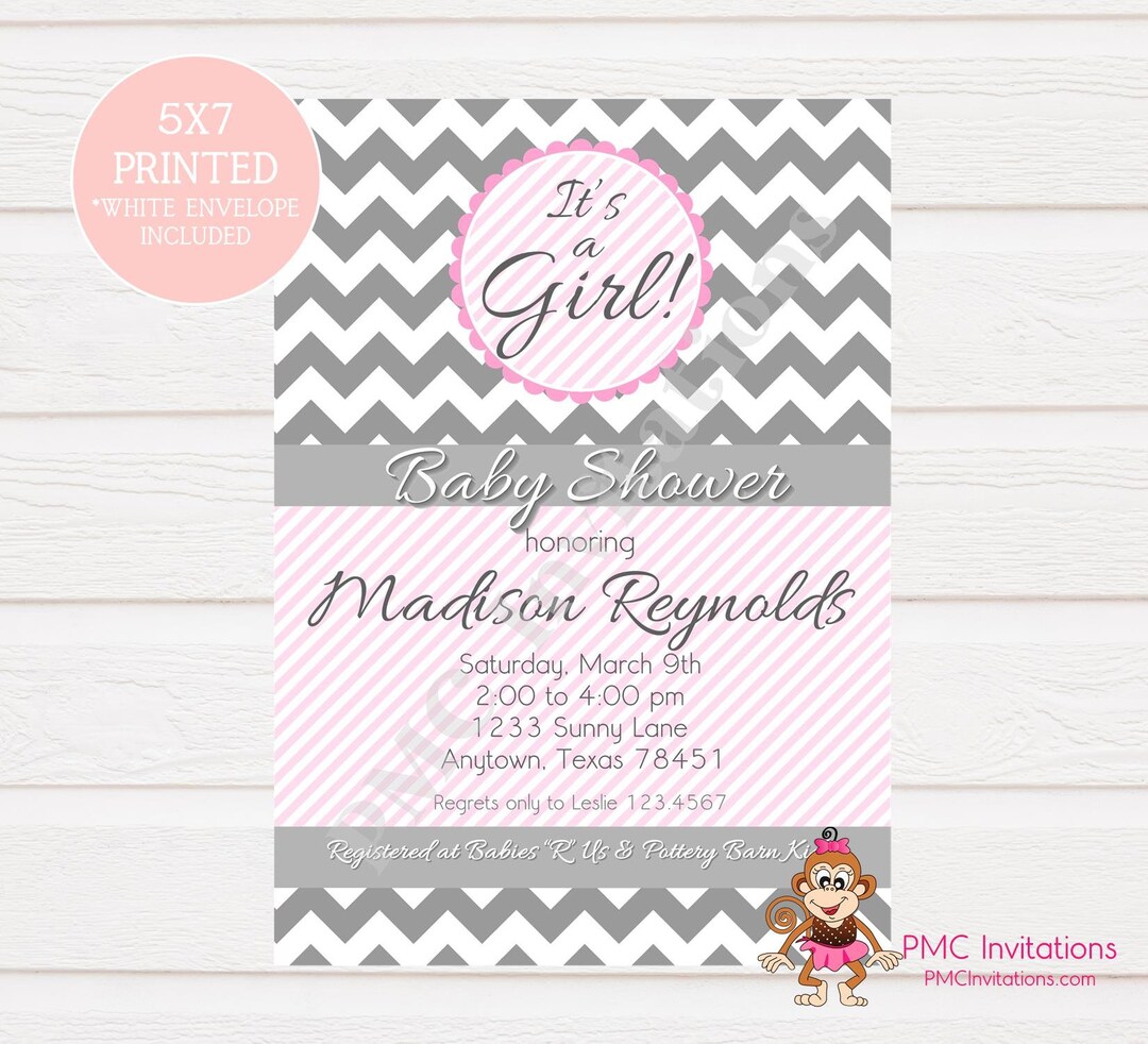 Custom Printed Chevron It's A Girl Baby Shower Invitations - 1.00 Each ...