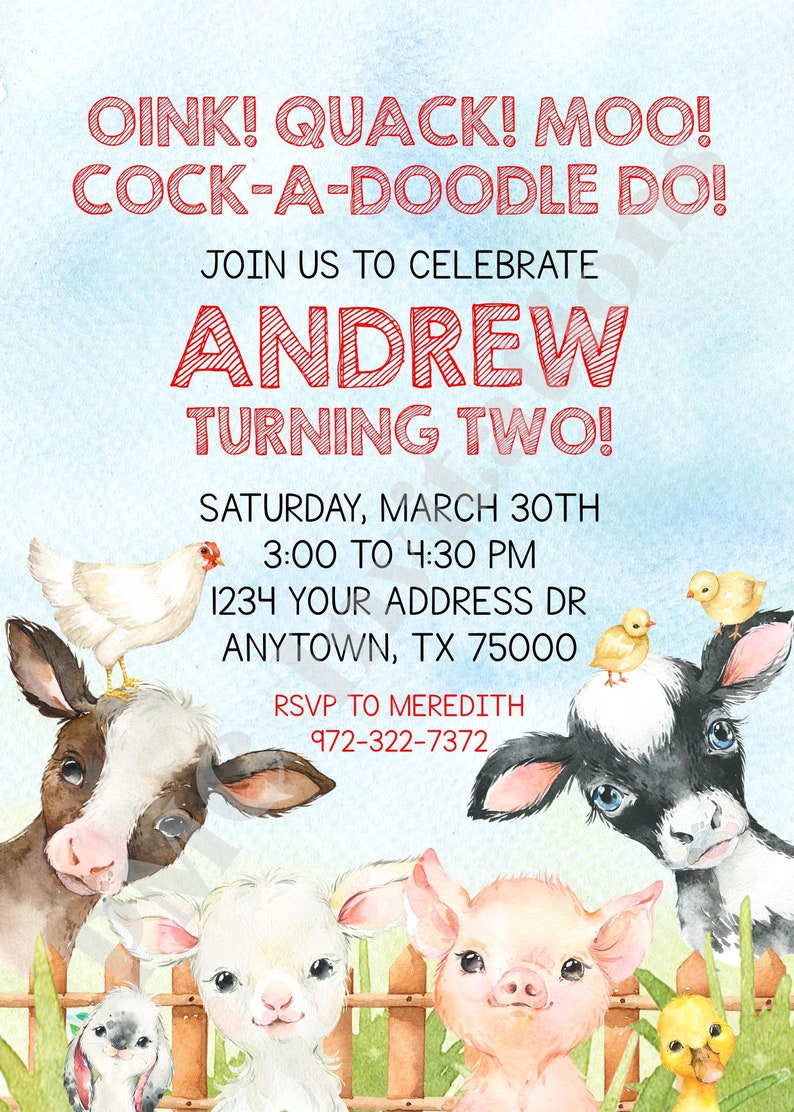 Custom PRINTED Barn Animals Birthday Invitation, Barn Farm Animals ...