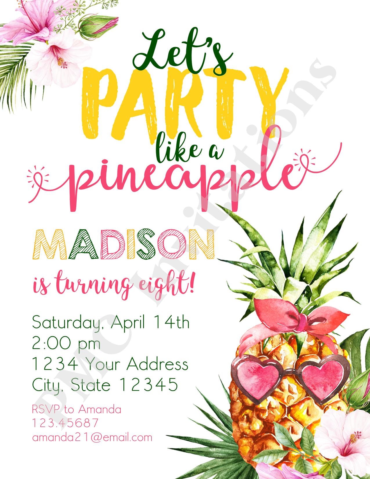 Custom PRINTED 4.25X5.5 Watercolor Pineapple, Tropical, Party Like a ...