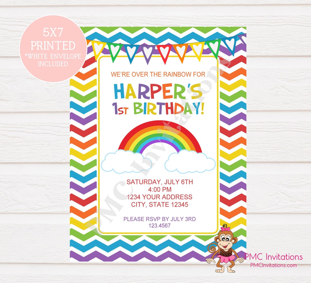Custom Printed Chevron Rainbow Birthday Invitations - 1.00 Each With ...