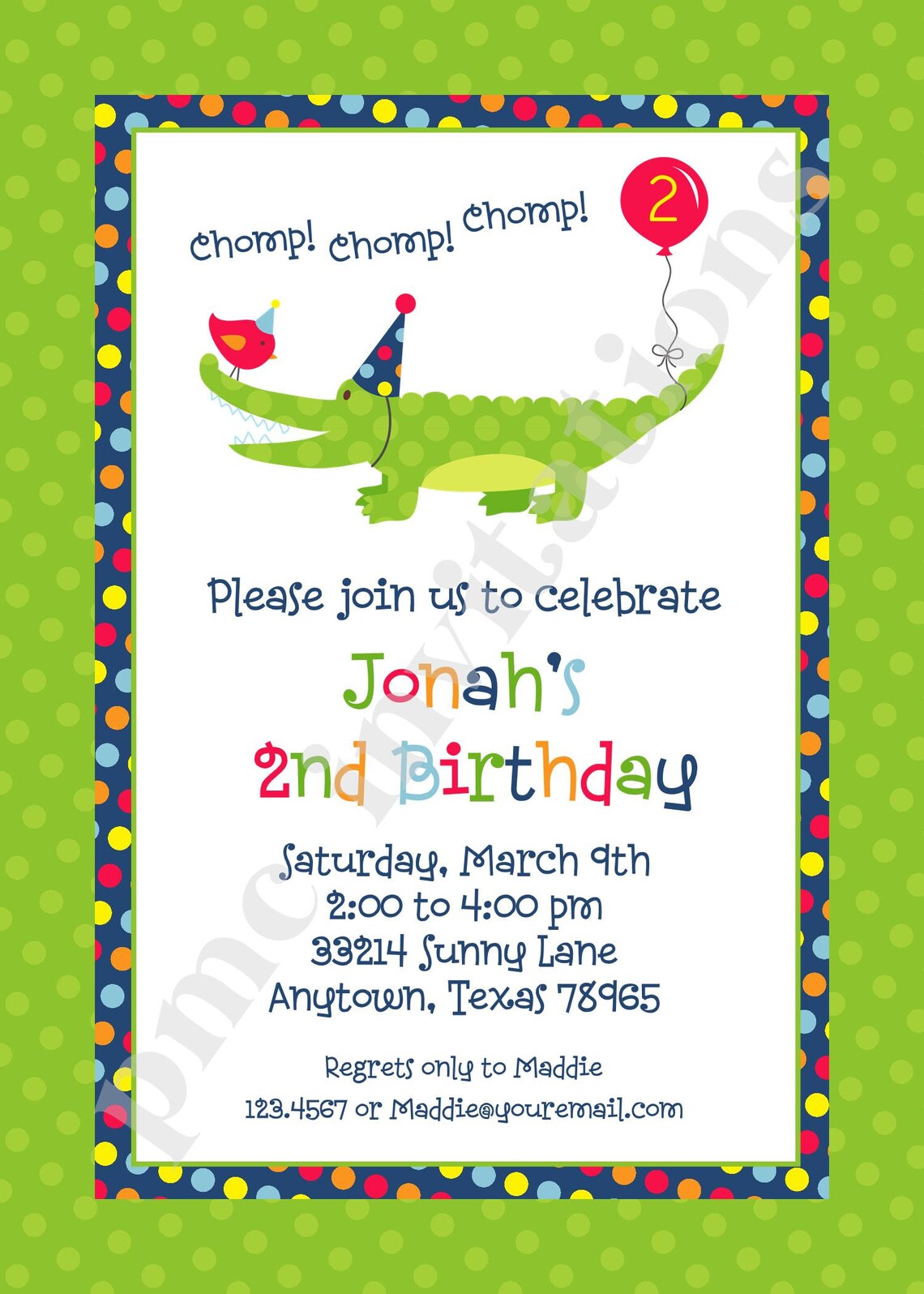 Custom Printed Alligator Birthday Invitations - 1.00 Each With Envelope ...