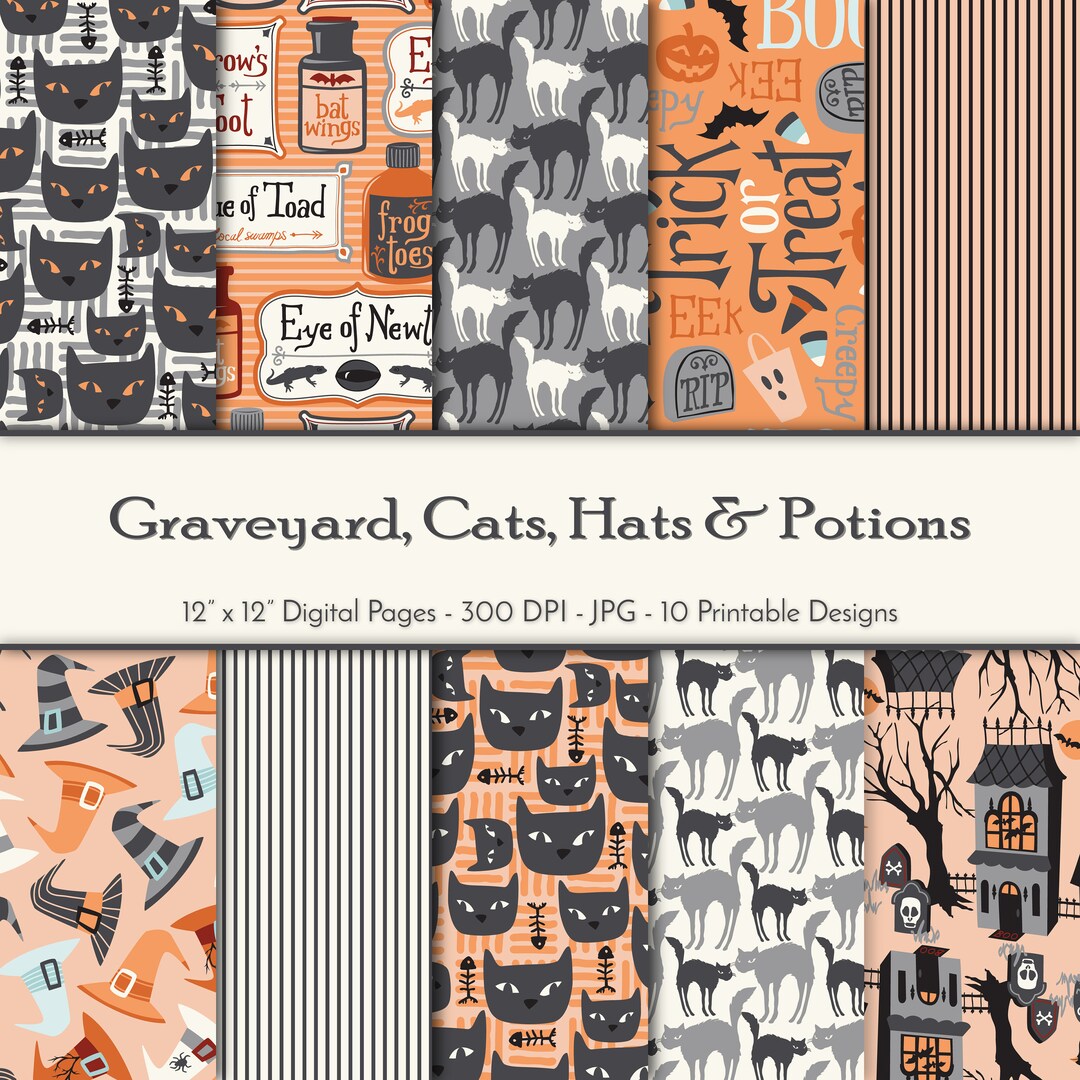 Graveyard, Cats, Hats and Potions, Creepy Cute Halloween Digital ...