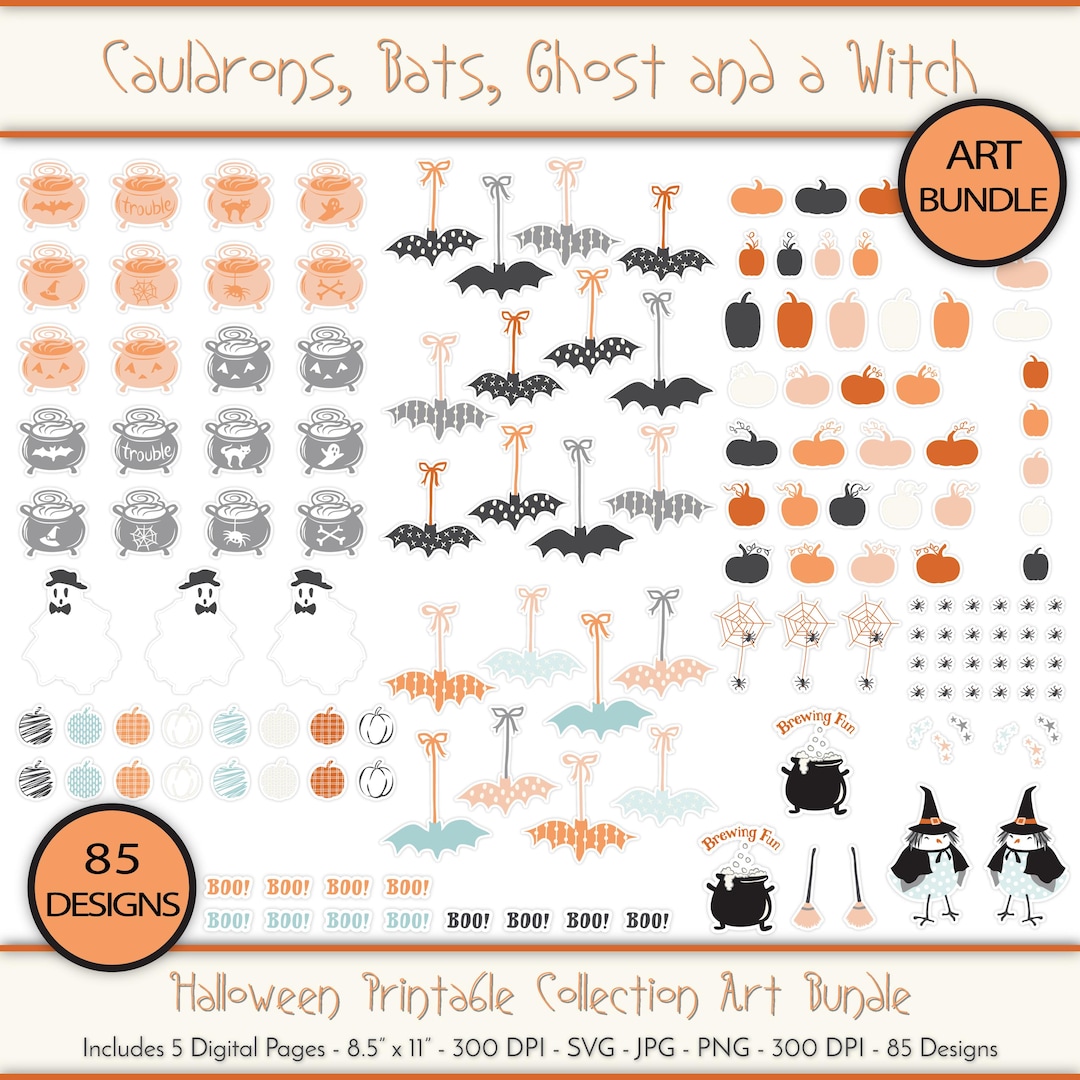 Digital Download Stickers Halloween Art Bundle Pumpkins, Cauldrons ...