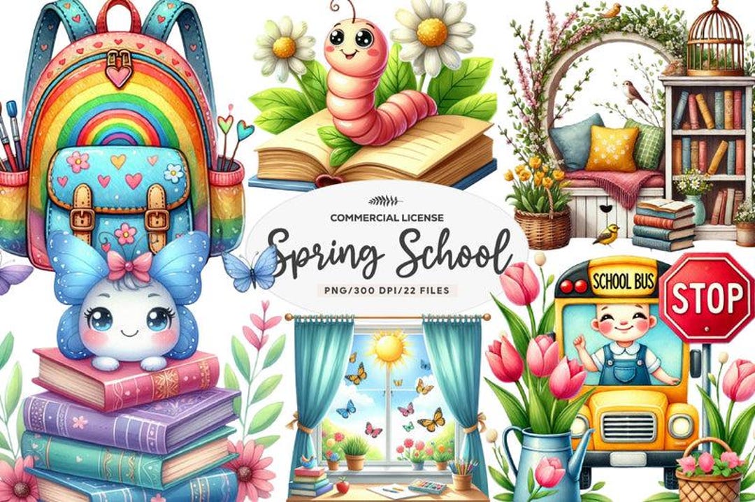 Spring School Clipart Bundle: Classroom Decor, Teacher Planner (PNG ...