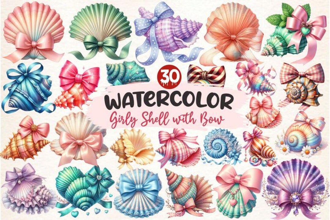 Girly Shell With Bow Clipart Bundle PNG | Feminine Seashell Beach ...