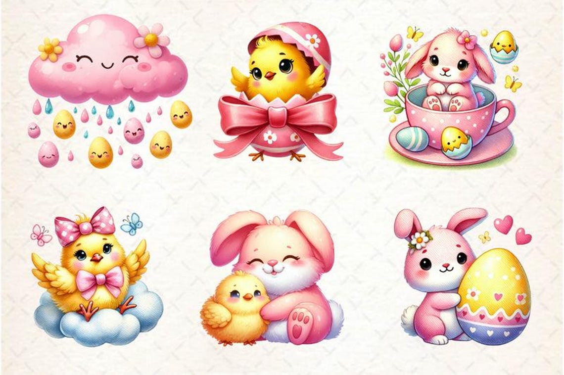 Kawaii Easter Clipart Bundle: Bunny & Egg PNG Graphics (digital ...