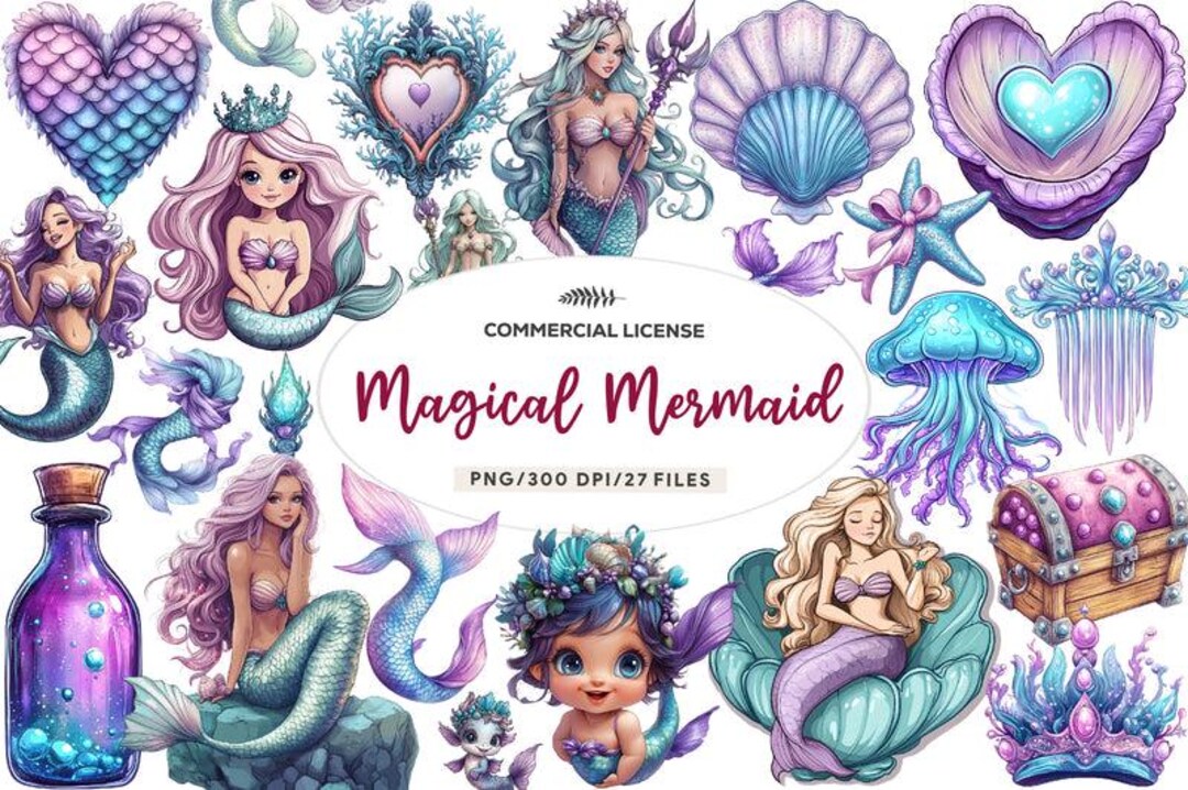 Magical Mermaid Clipart Bundle | Enchanted Sea PNG Designs | Fantasy ...