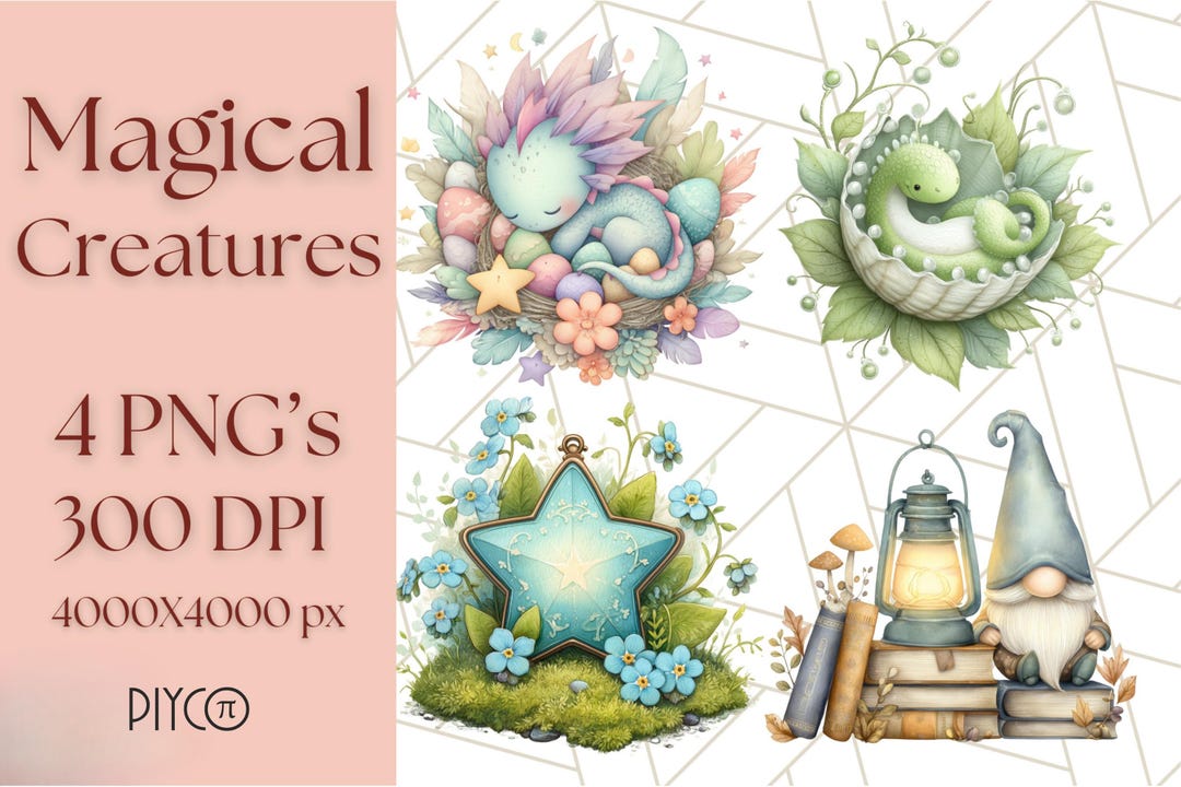 Magical Creatures Clipart Bundle: Unicorn, Dragon, Phoenix, Sprite (PNG ...