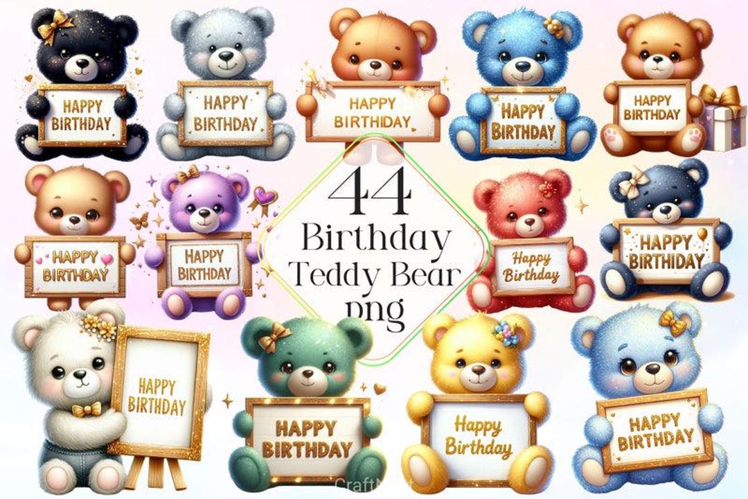 Birthday Teddy Bear Clipart Bundle 2 PNG | Cute Party Bear ...