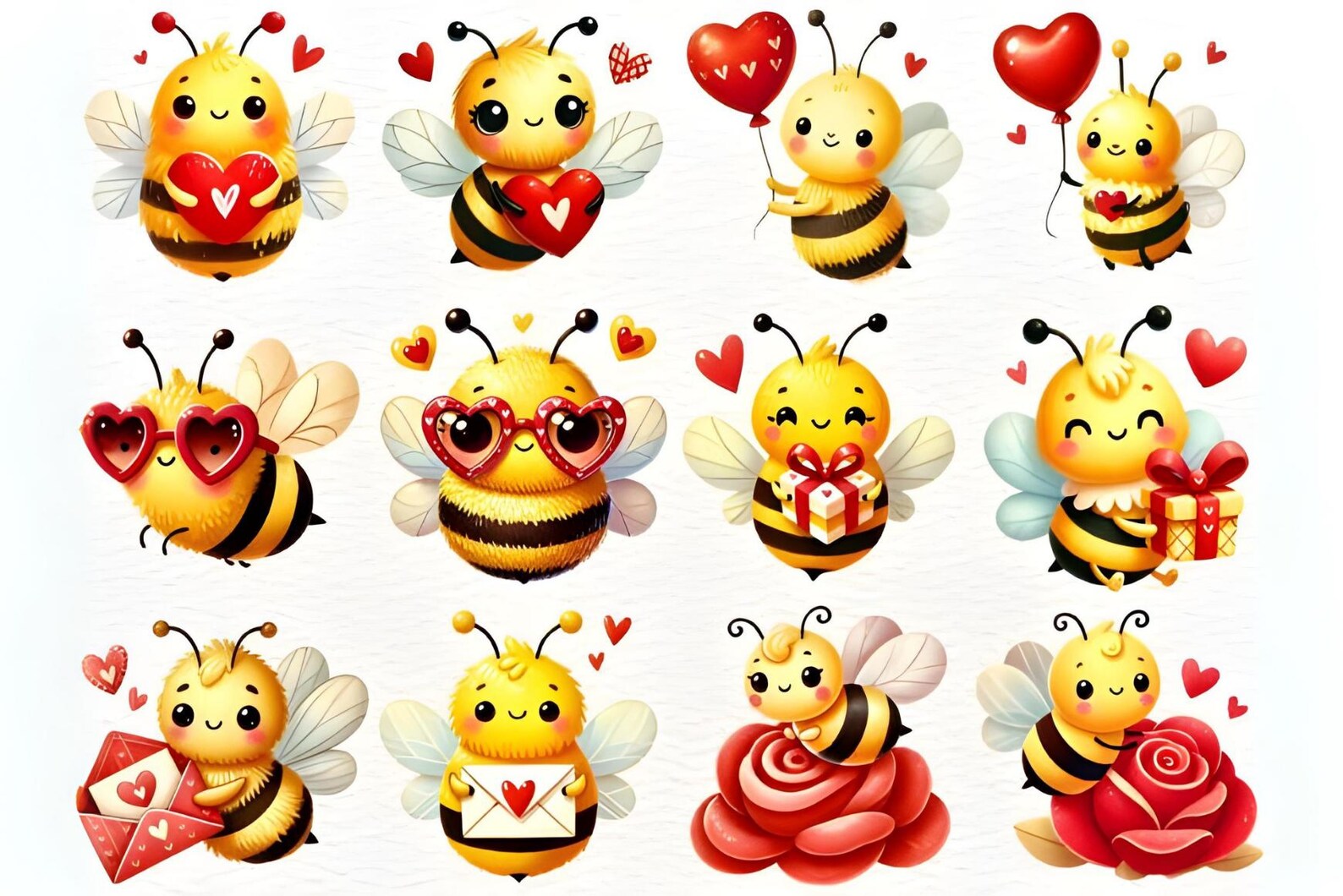 Adorable Valentine’s Day Bee Clipart Bundle – 44 Watercolor PNG Files ...