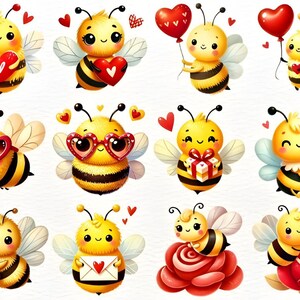 Adorable Valentine’s Day Bee Clipart Bundle – 44 Watercolor PNG Files ...