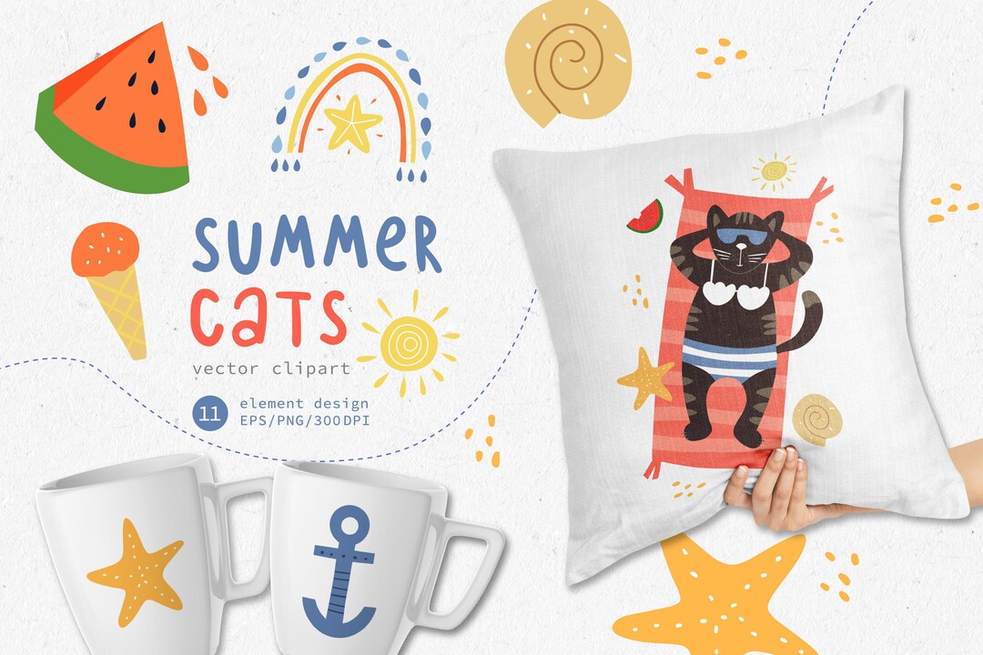 Summer Cats Clipart - Cute Animal PNG Bundle - Cat Sublimation Graphics ...