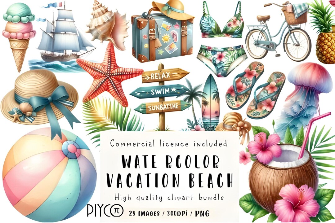 Summer Beach Clipart Bundle: Solid & Distressed PNG Designs (digital ...