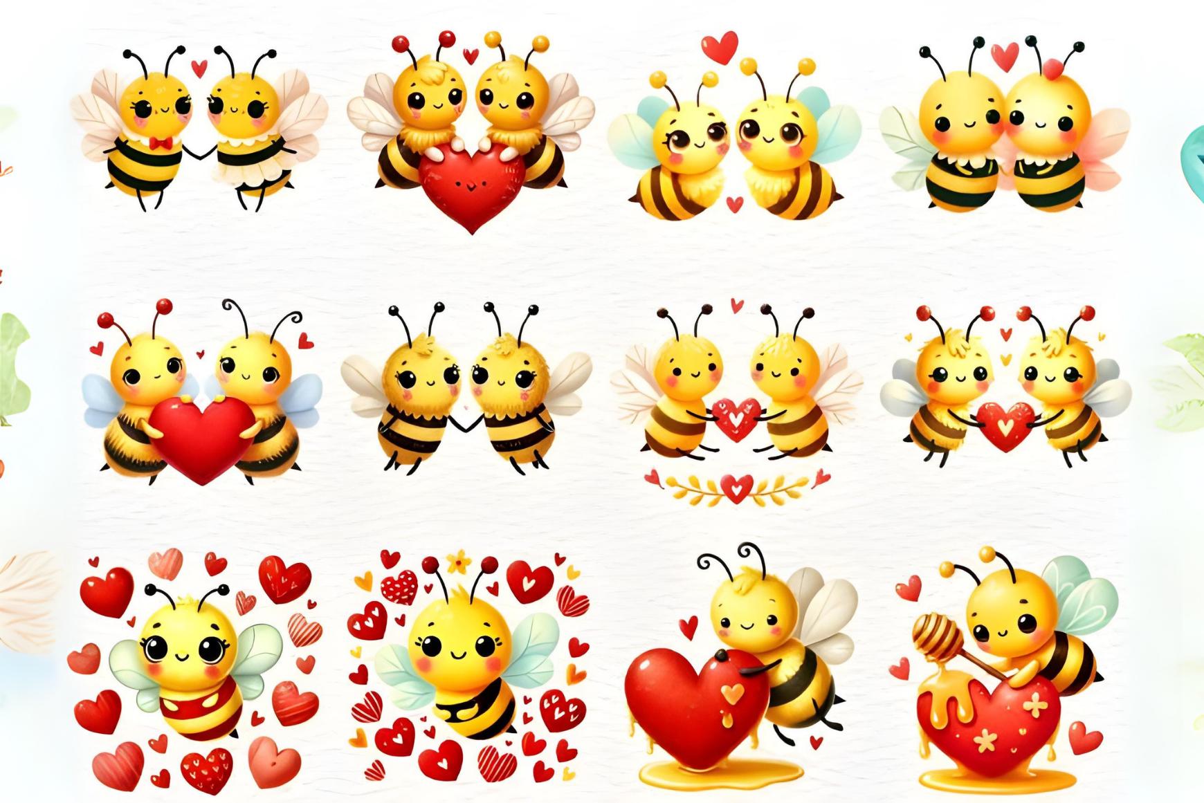 Adorable Valentine’s Day Bee Clipart Bundle – 44 Watercolor PNG Files ...