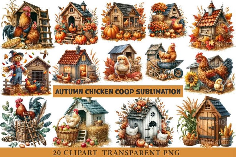 Autumn Chicken Coop Clipart Bundle With Transparent Backgrounds for ...