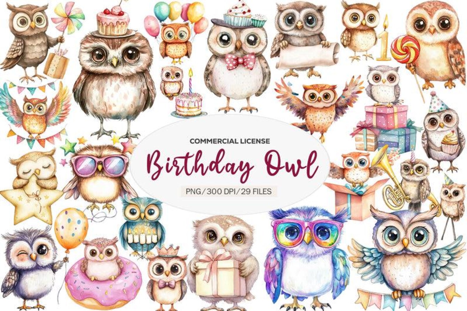 Baby Owl Birthday Clipart Bundle: Party Decor Graphics (digital ...