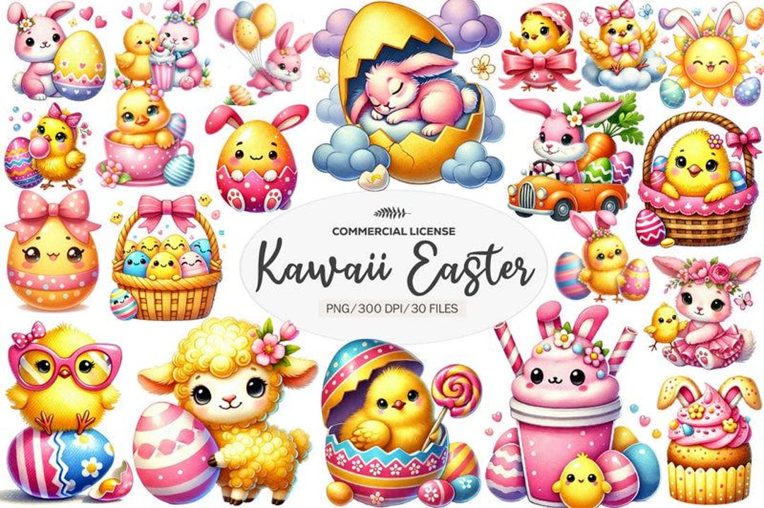 Kawaii Easter Clipart Bundle: Bunny & Egg PNG Graphics (digital ...