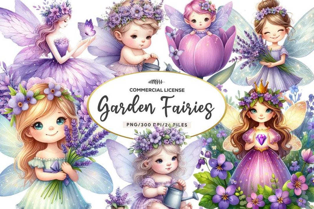 Garden Purple Fairies Clipart Bundle | Fantasy Nature PNG Designs ...