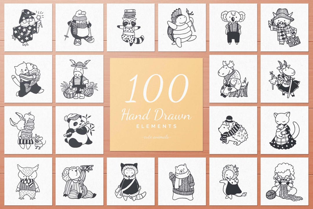 100 Hand-drawn Animal Clipart Bundle – Adorable Illustrated Animals in ...