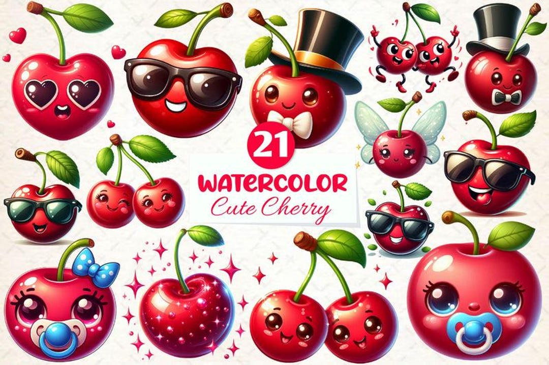 Kawaii Cherry Clipart Bundle, Adorable Fruit PNG Graphics (digital ...