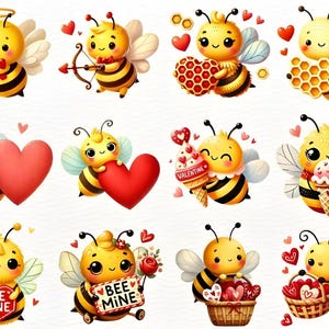Adorable Valentine’s Day Bee Clipart Bundle – 44 Watercolor PNG Files ...