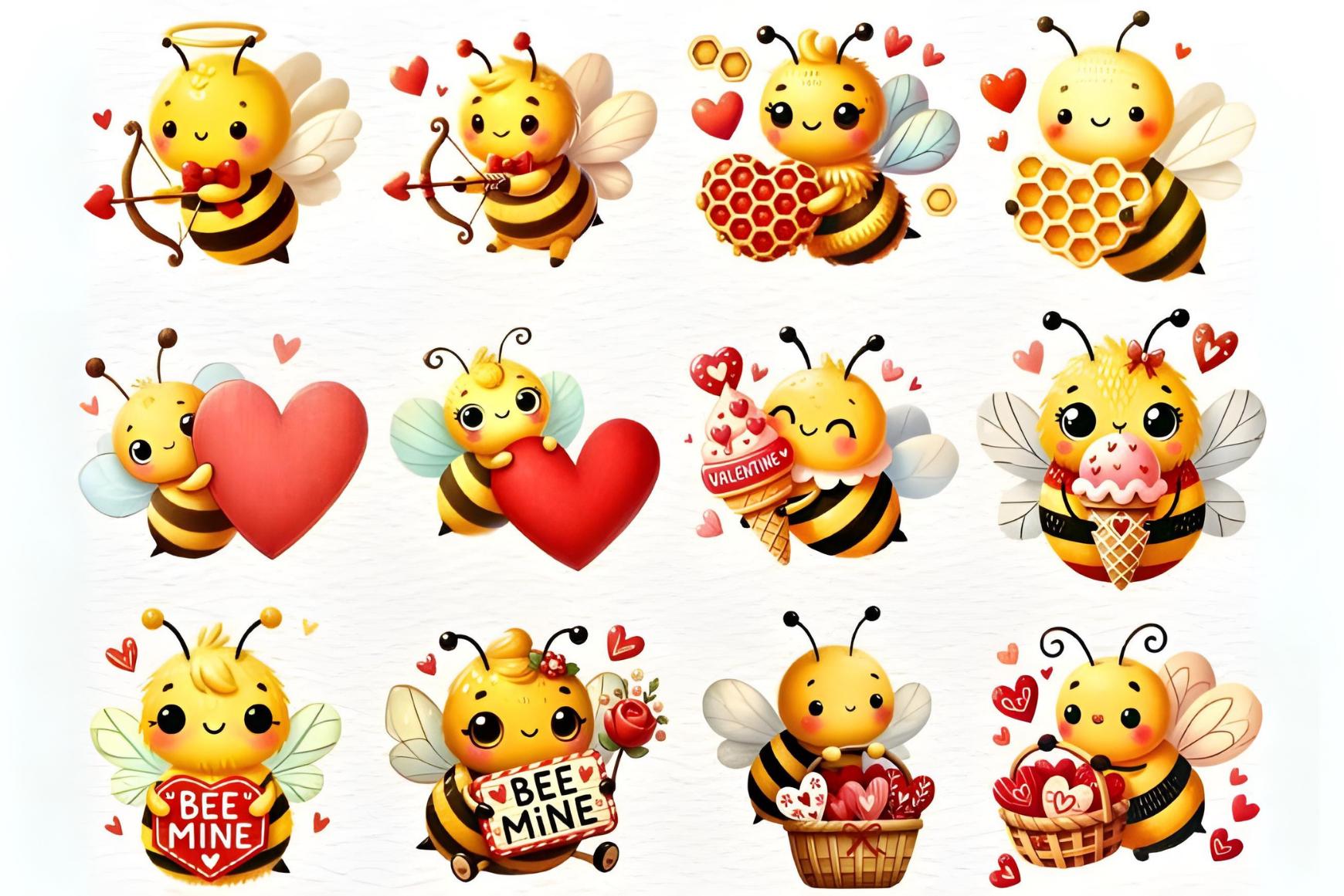 Adorable Valentine’s Day Bee Clipart Bundle – 44 Watercolor PNG Files ...