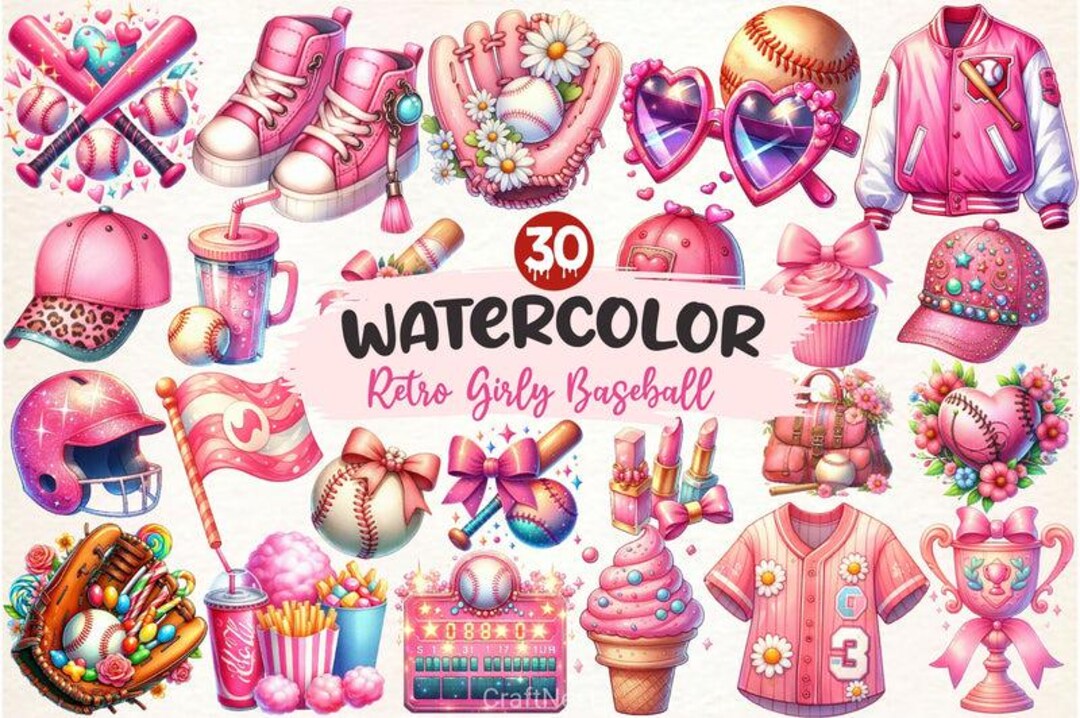 Retro Girly Baseball Clipart Bundle: Vintage Feminine Sports PNG ...
