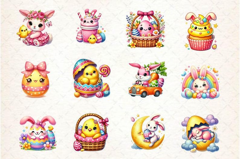 Kawaii Easter Clipart Bundle: Bunny & Egg PNG Graphics (digital ...
