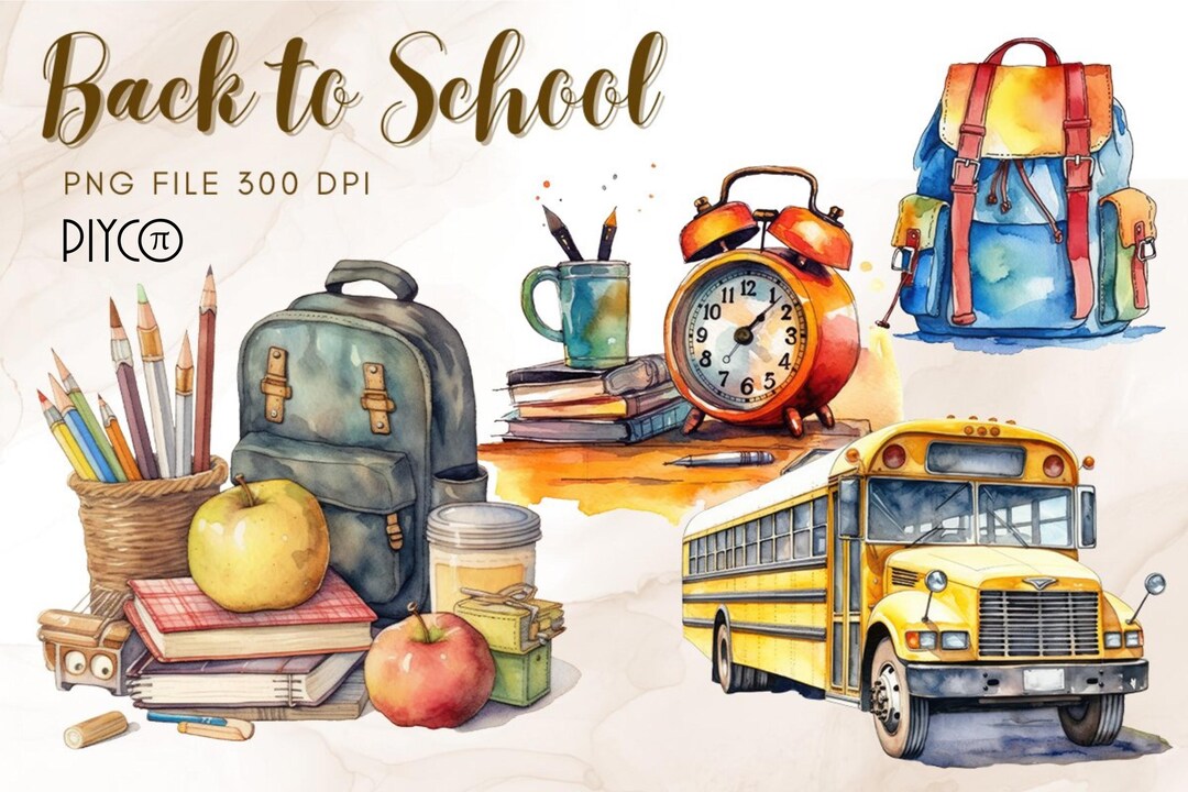 Watercolor School Supplies Clipart: Teacher PNG Bundle (digital ...