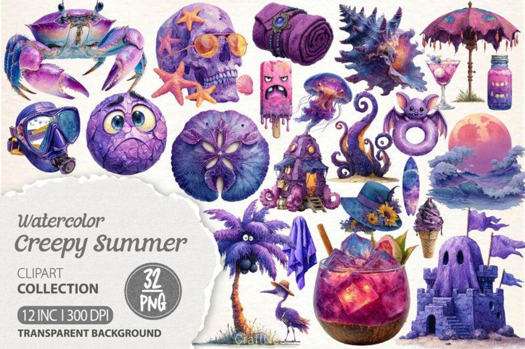 Creepy Summer Beach Clipart Bundle: Spooky Gothic PNG Set (digital ...