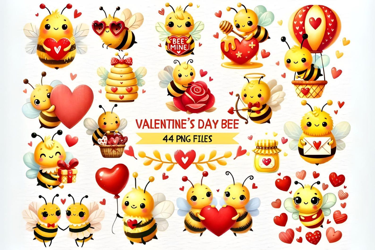 Adorable Valentine’s Day Bee Clipart Bundle – 44 Watercolor PNG Files ...