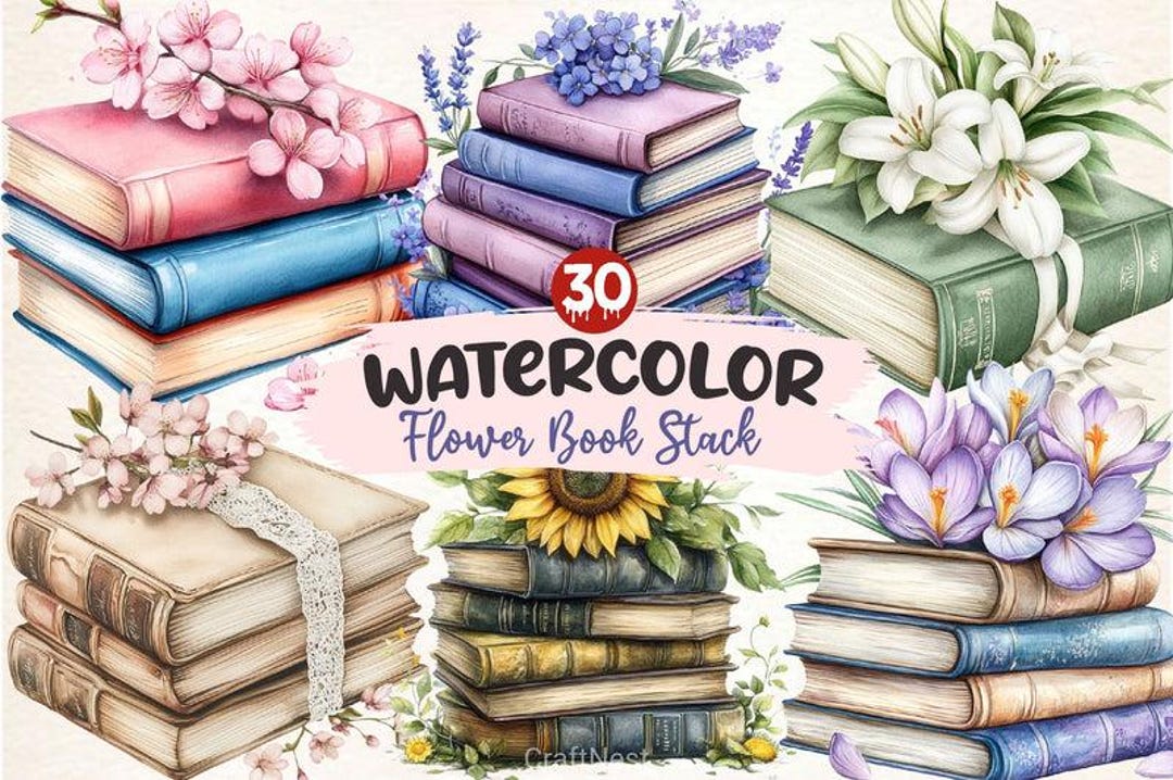 Floral Book Stack Clipart Bundle: Spring Reading Crafts (PNG Digital ...