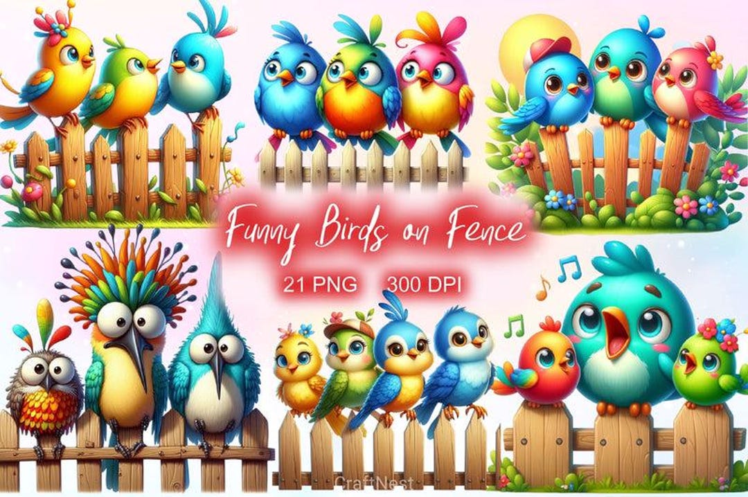 Funny Birds on Fence Clipart: Amusing Farm Bird Illustrations (PNG ...