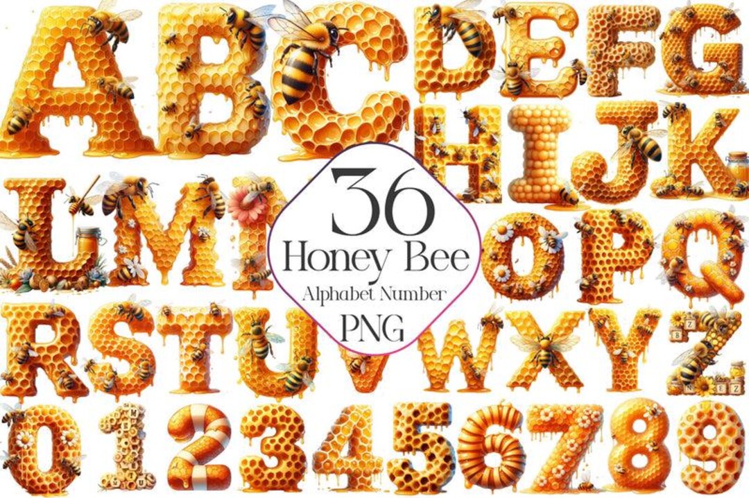 Honey Bee Alphabet Clipart Bundle: Bee-themed Letters & Numbers (PNG ...