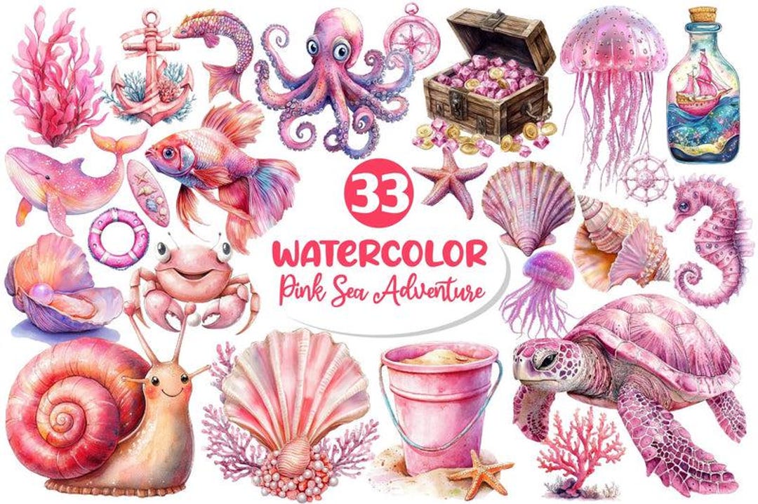 Pink Sea Animal Clipart Bundle: Feminine Ocean Pngs (digital Download ...