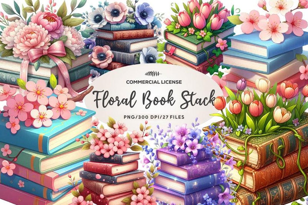 Floral Book Stack Clipart Bundle: Spring Pastel PNG Set (digital ...