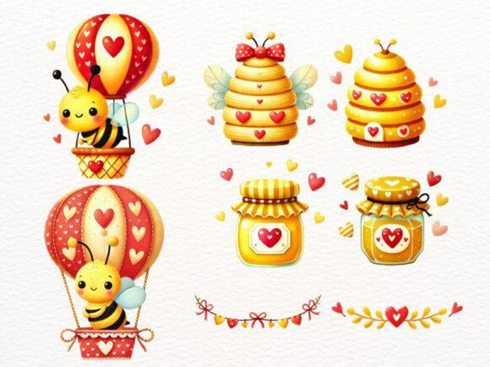 Adorable Valentine’s Day Bee Clipart Bundle – 44 Watercolor PNG Files ...