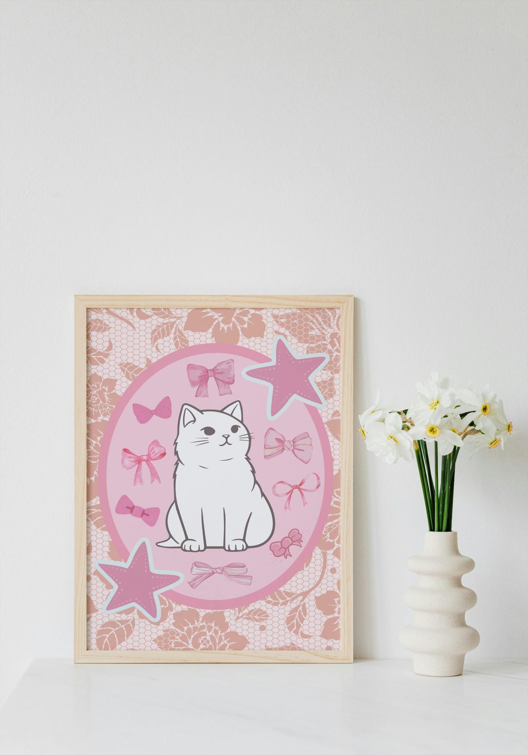 Cute Coquette Cat Collage, Pink Kitten With Bows and Lace Room Decor ...