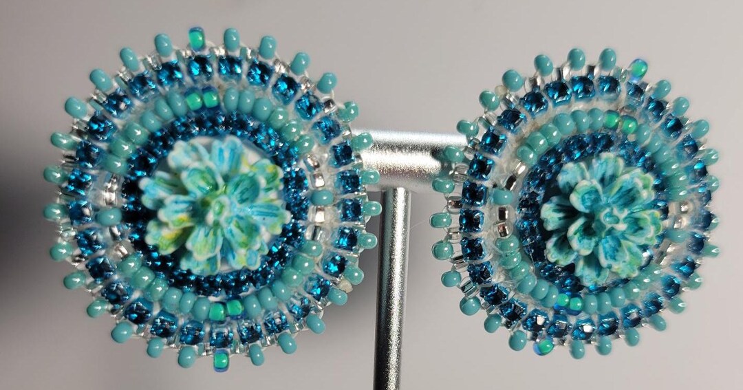Native American Teal and Green Flower Beaded Stud Earrings - Etsy