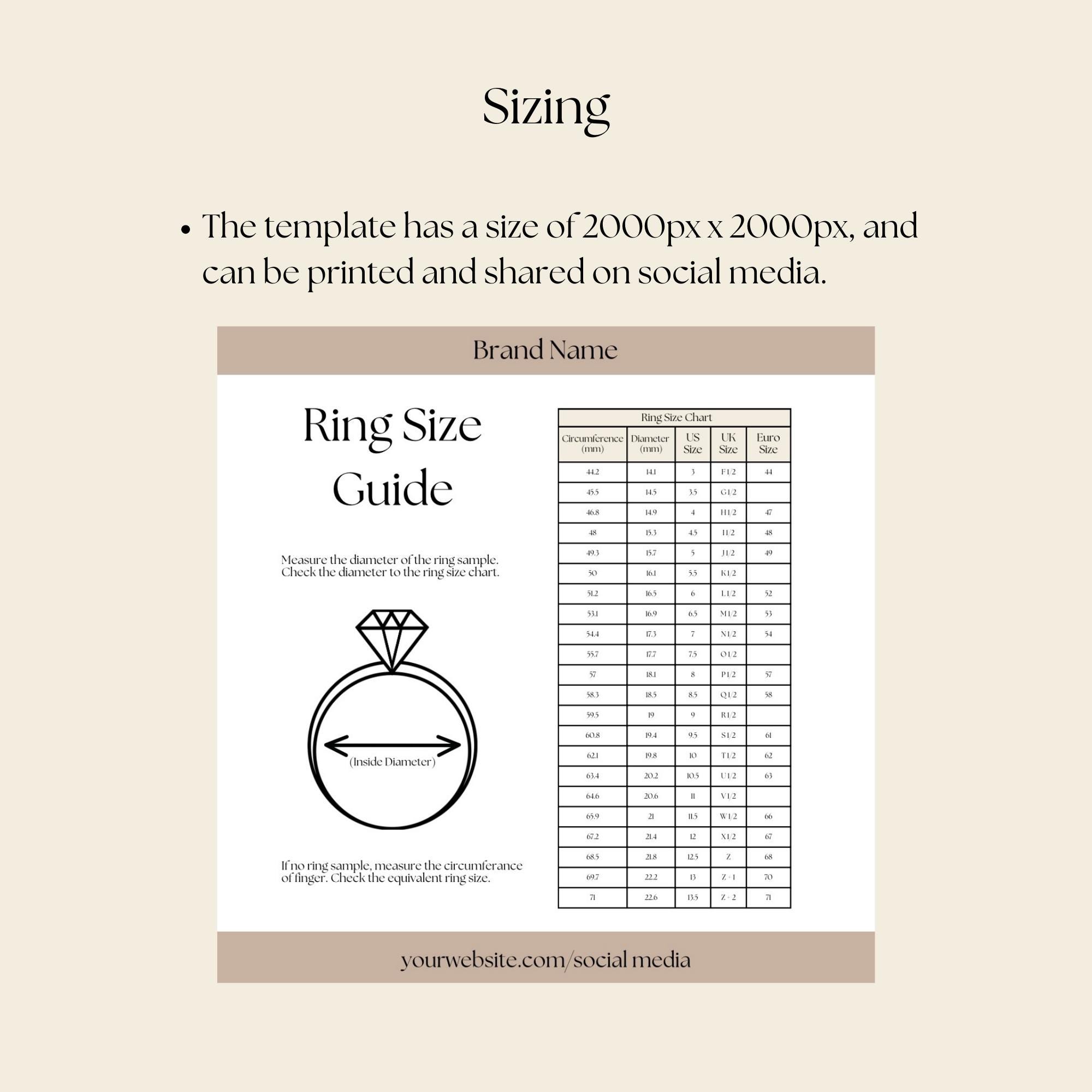 Digital Ring Size Guide Template (standard) Instant Download, Editable ...
